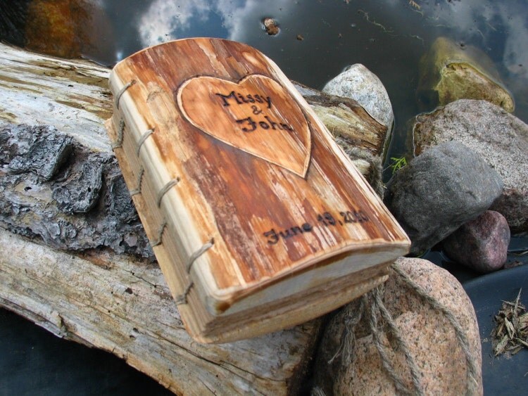 Rustic wood journal personalised with heart and names by crearting