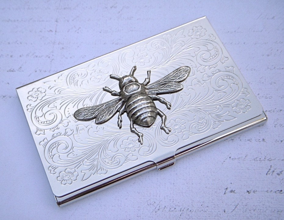 Silver Bee Business Card Case Bumble Bee Gothic Victorian
