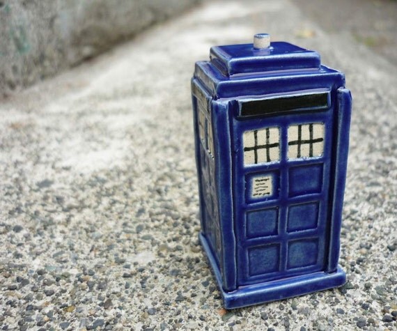 Tardis Figurine Mini Ceramic Blue Police Box by jadeflower