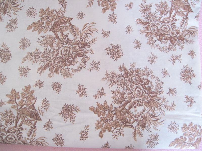 Vintage Toile Cotton Fabric Brown and White 1 yard by rarefinds4u