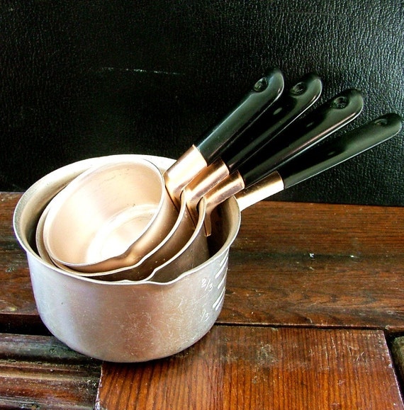 Vintage Aluminum Measuring Cups with Black Handles