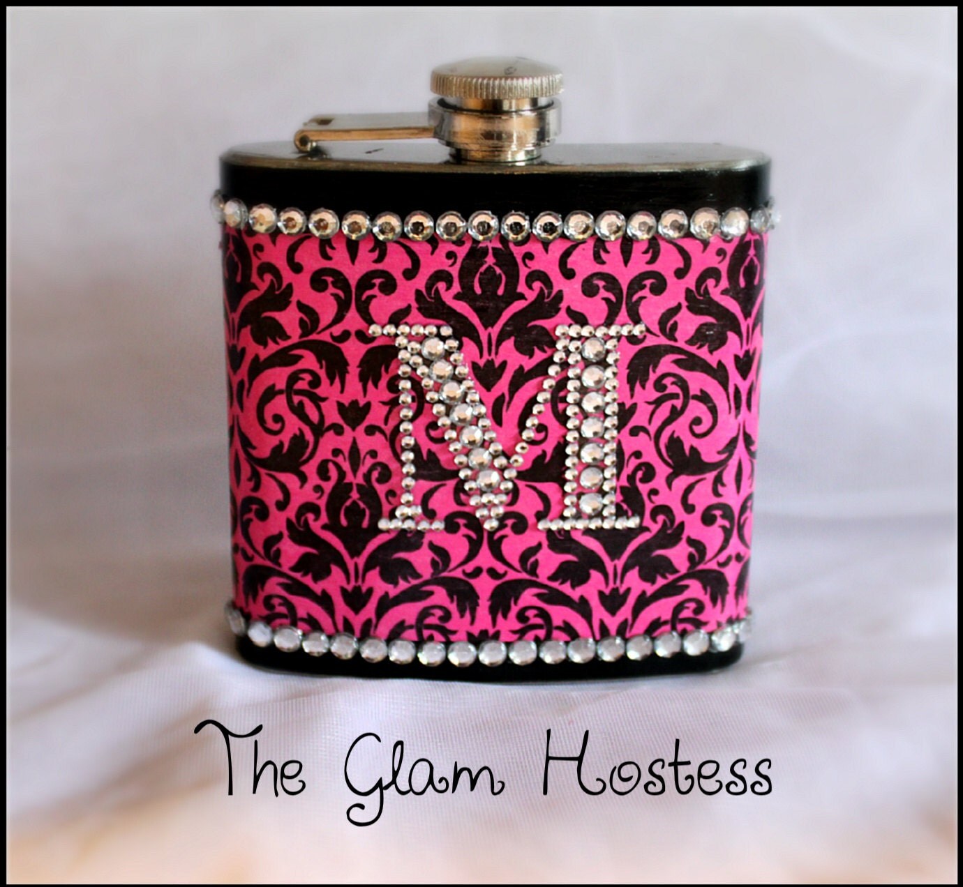 Pink and Black Damask Flask with Rhinestone Initial