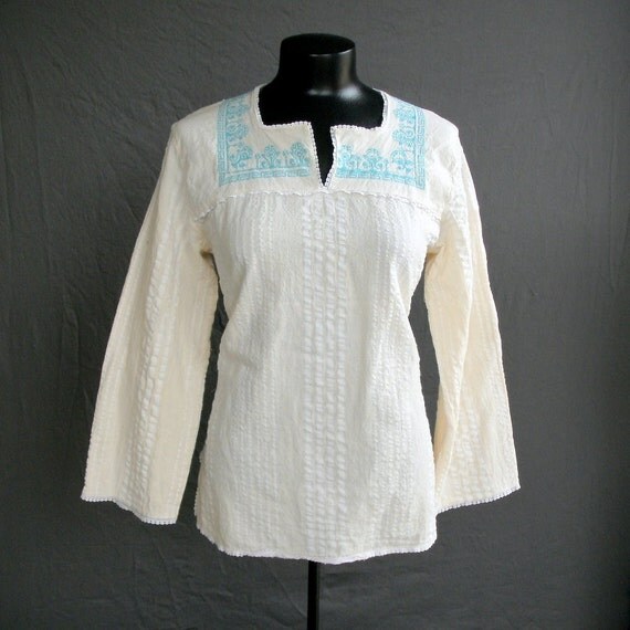 Greek Embroidered Blouse. Turquoise Cross Stitch on Ivory.