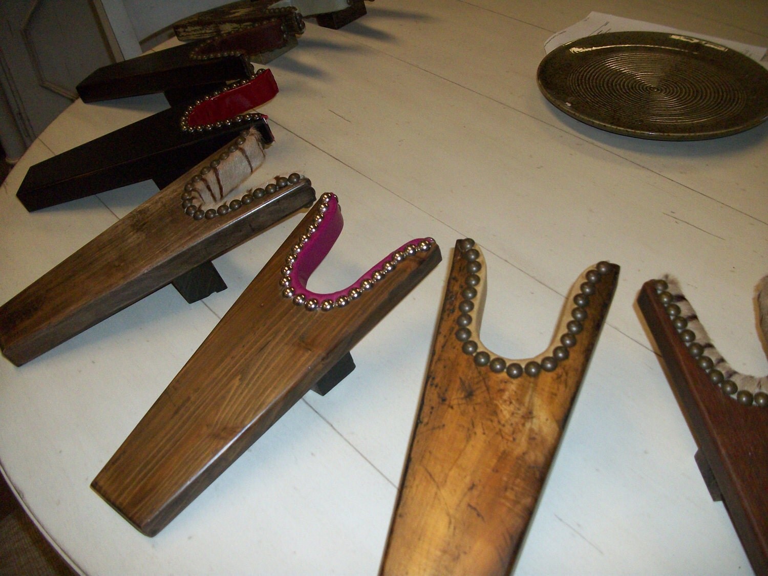 Wood Cowboy Boot Jack Nail Trim Nickel Brass Antique