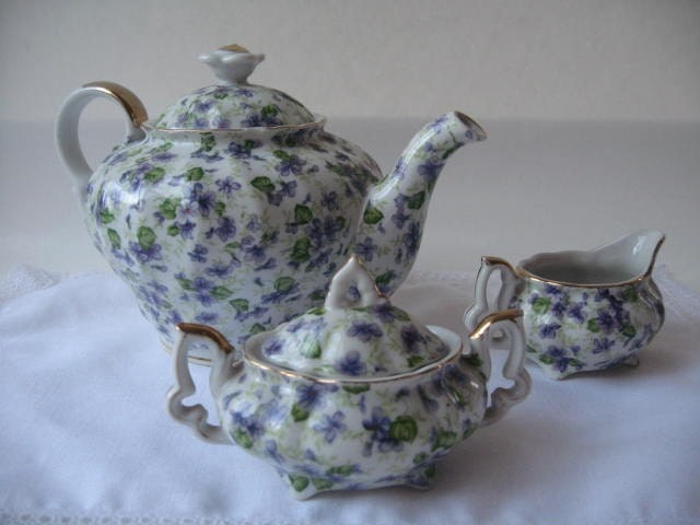 Lefton China Violet Chintz tea pot with creamer and sugar bowl