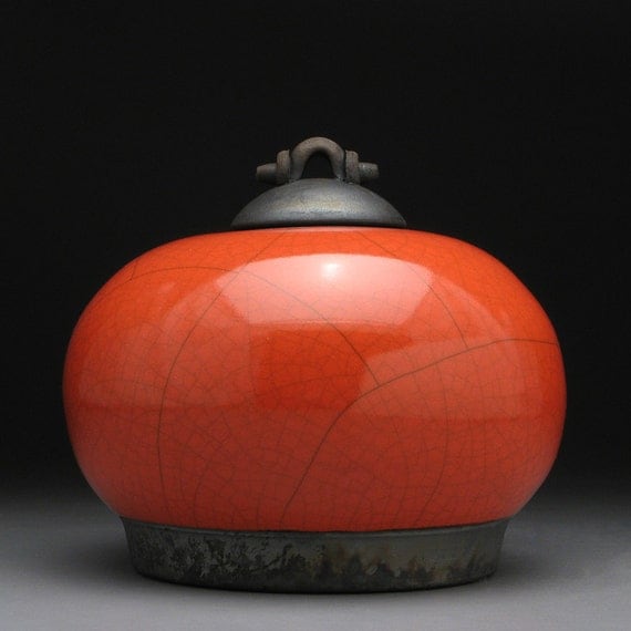 Ceramic lidded jarRed Orange Raku Jar with lid art