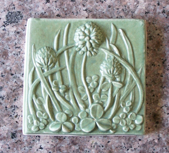 Ceramic Clover Flower Grass Art Tile Sage Green Floral Arts