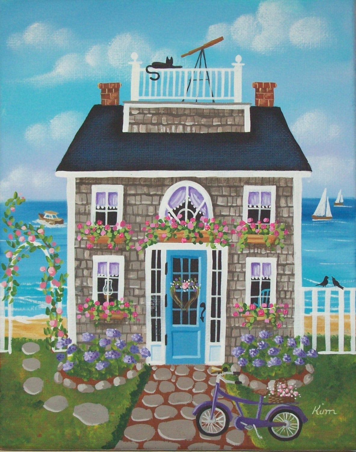 Nantucket Breeze Cottage Original Folk Art Print