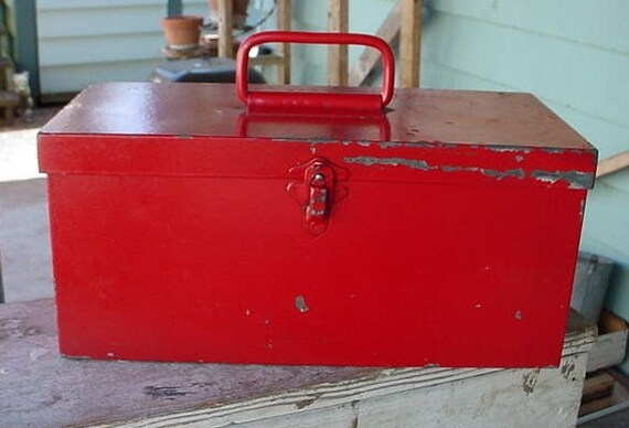 Vintage Fire Engine Red Metal Tool Box