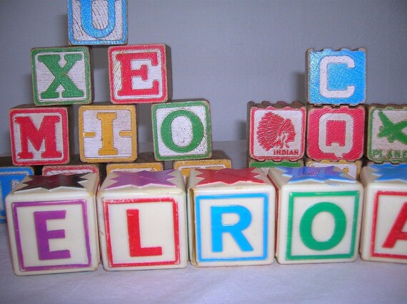 Vintage Wooden and Plastic Alphabet Blocks Interlocking
