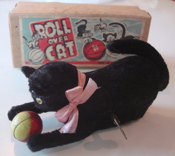 Vintage Cat Toy Wind Up Roll Over Cat