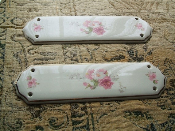 Antique Victorian Porcelain Door Push Plates Pair of 2 Floral