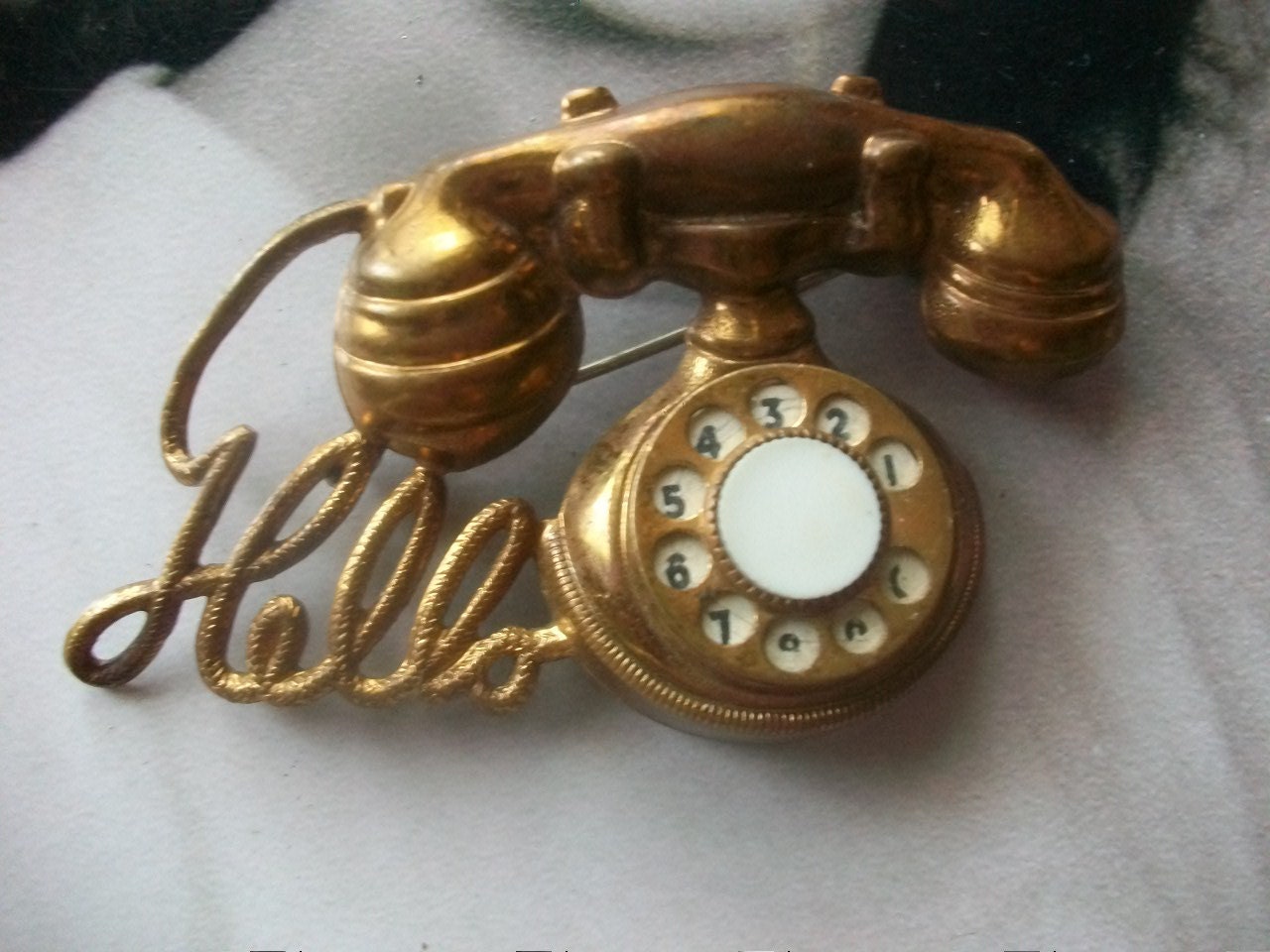 Vintage Brooch Brass Rotary Dial Hello Telephone Brooch Glee