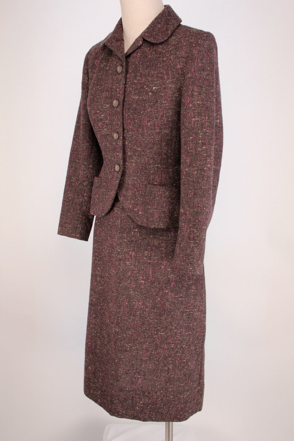 Vintage 1940s Irish Wool Tweed Suit Skirt Jacket Xs S Plum