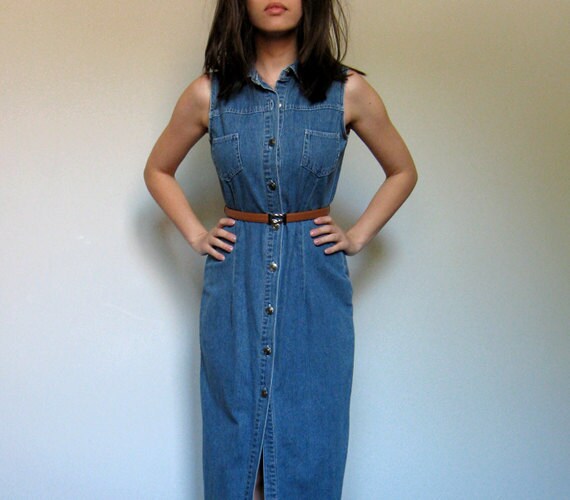 Vintage Denim Dress Blue Jean Maxi Button Up Summer Fashion S/