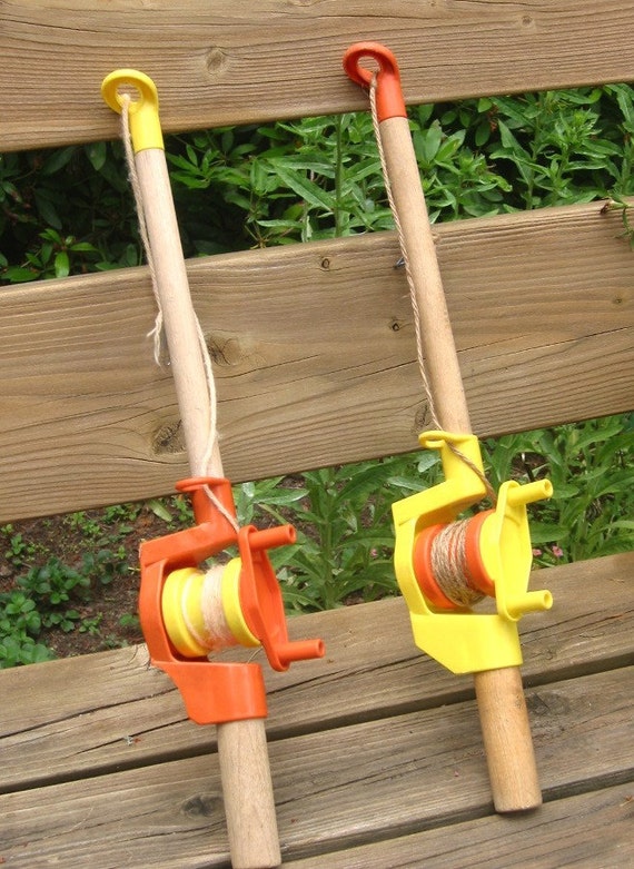 2 Toy Fishing Poles Playskool vintage with wood handles