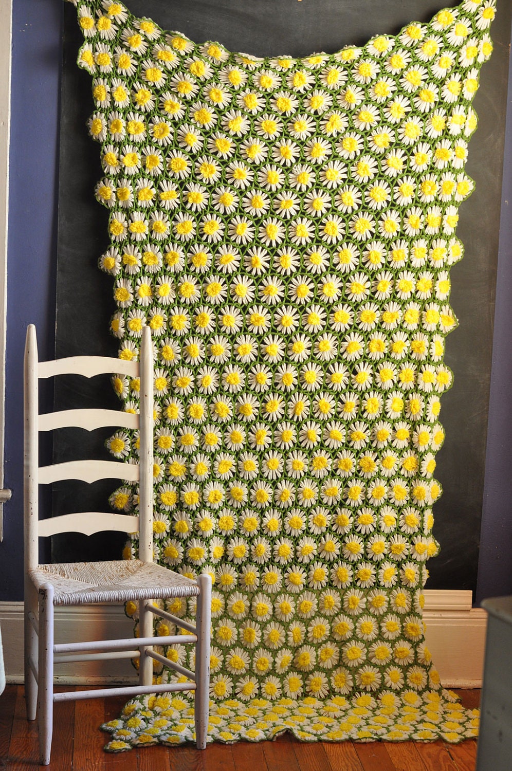 Vintage Daisy Afghan Blanket Handmade Crocheted Long Bedspread