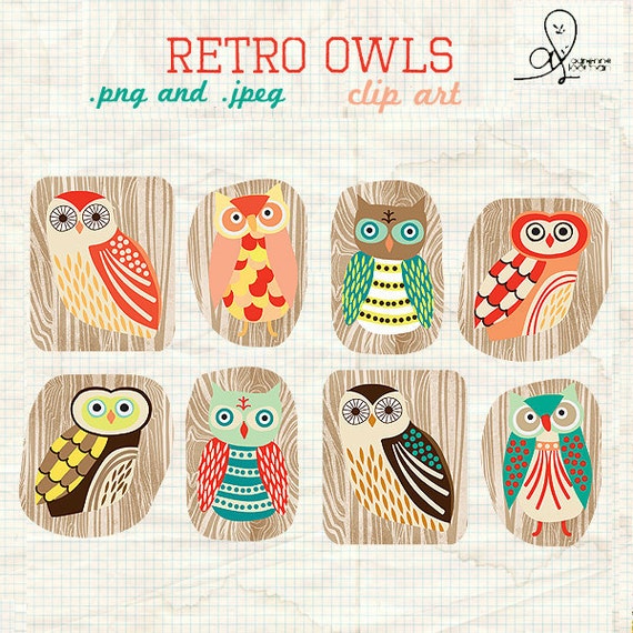 Retro Owls clip art
