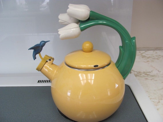 Vintage Yellow Whistling Tea Kettle Tulip Handle Blue Bird on