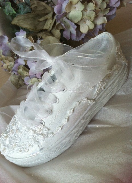 White Beaded Platform Bridal Sneakers