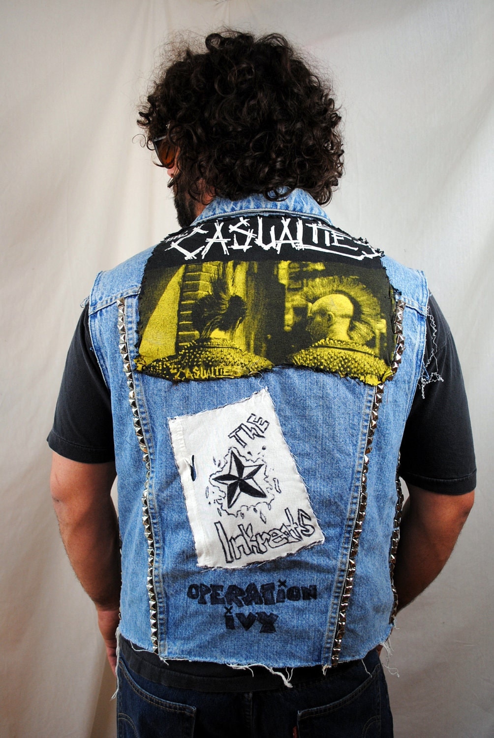 Vintage 80s Punk Rock Studded Denim Vest with Patches The