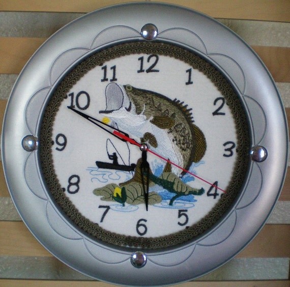 Items similar to EMBROIDERED LARGEMOUTH BASS FISHING SCENE 11inch WALL ...