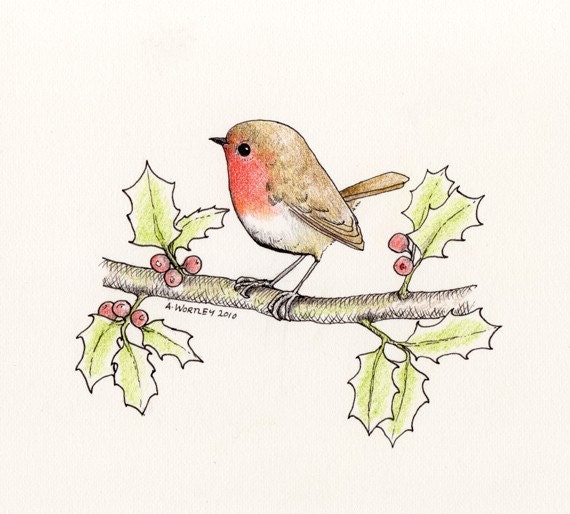 Little Red Christmas Robin Original Pencil/Ink Drawing