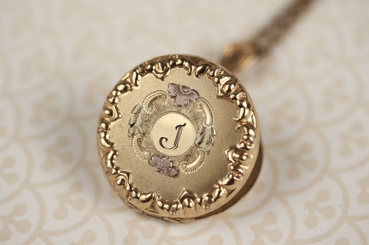 Letter J Monogram Locket Necklace Rose and Yellow 10kt Gold