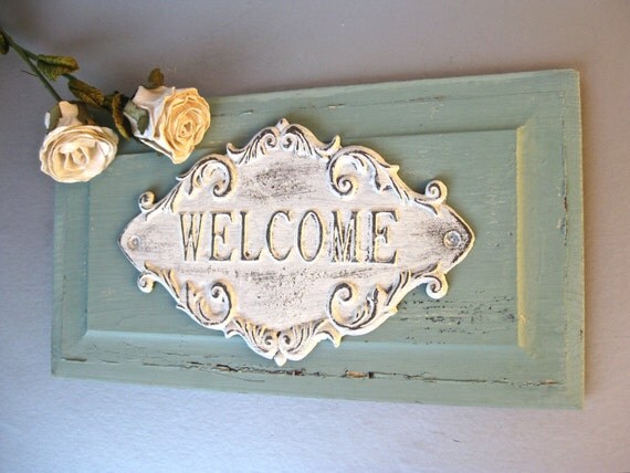 Vintage Inspired Welcome Sign Shabby and Chic Sign Cottage