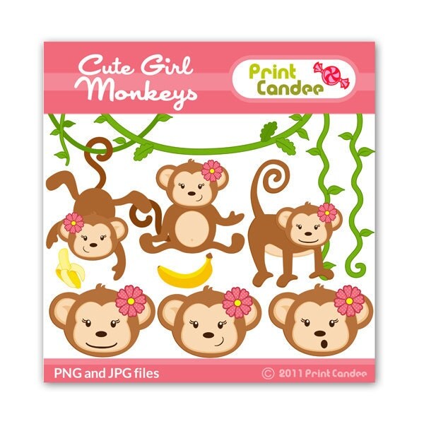 Cute Girl Monkeys Digital Clip Art Personal and