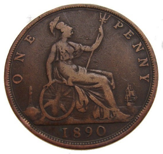 ANTIQUE Over 120 Years Old 1890 BRITISH Victoria One Penny antique-over-120-years-old-1890-british-victoria-one-penny