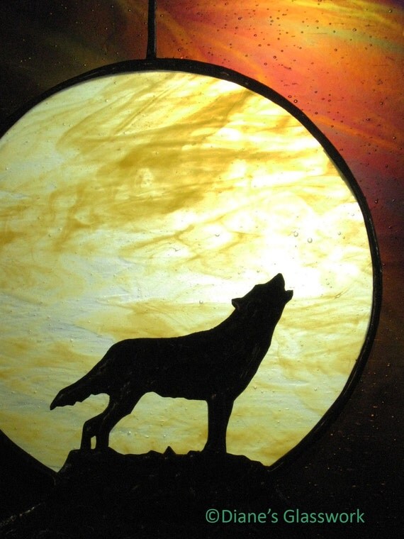 Howling Wolf Stained Glass Panel