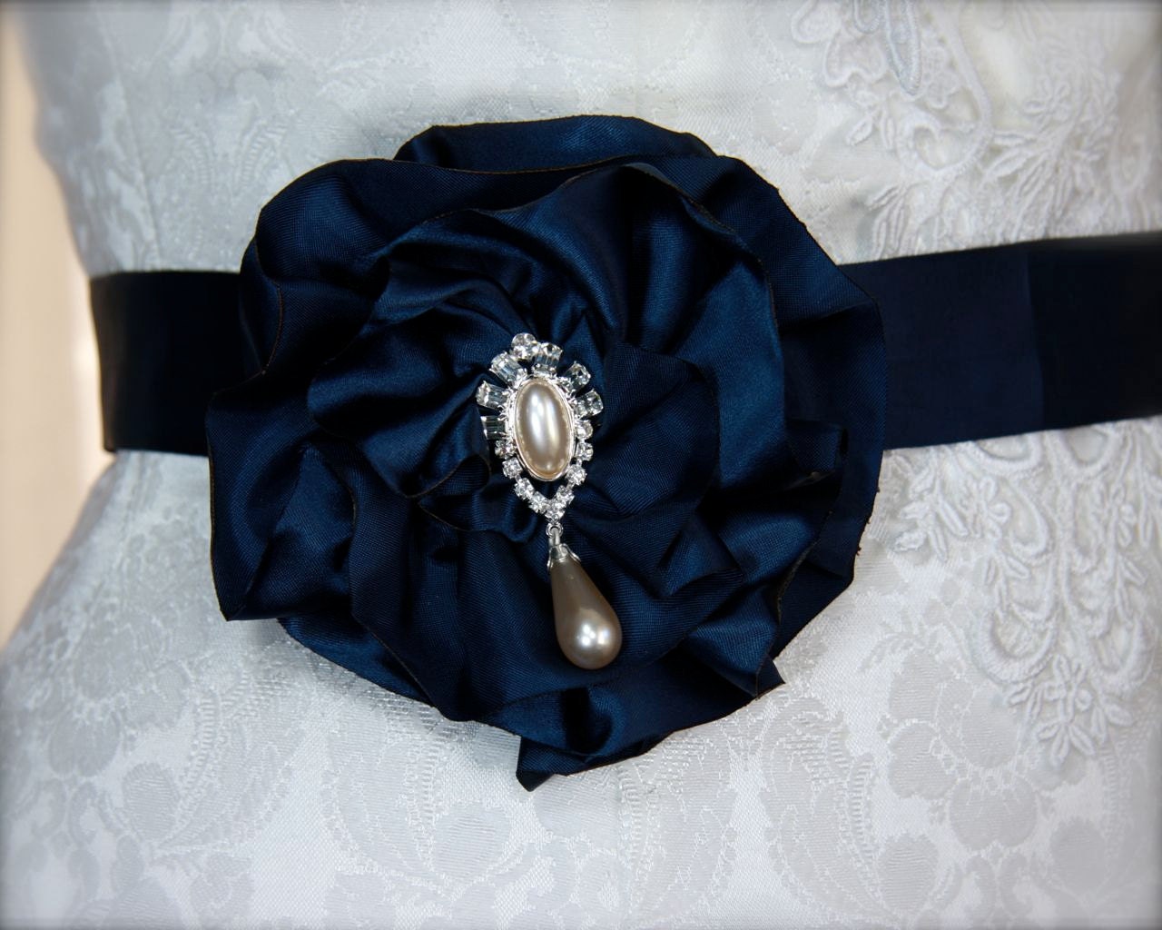 Bridal Sash, Navy Blue, Vintage Style Flower Rhinestone Bridal Sash ...