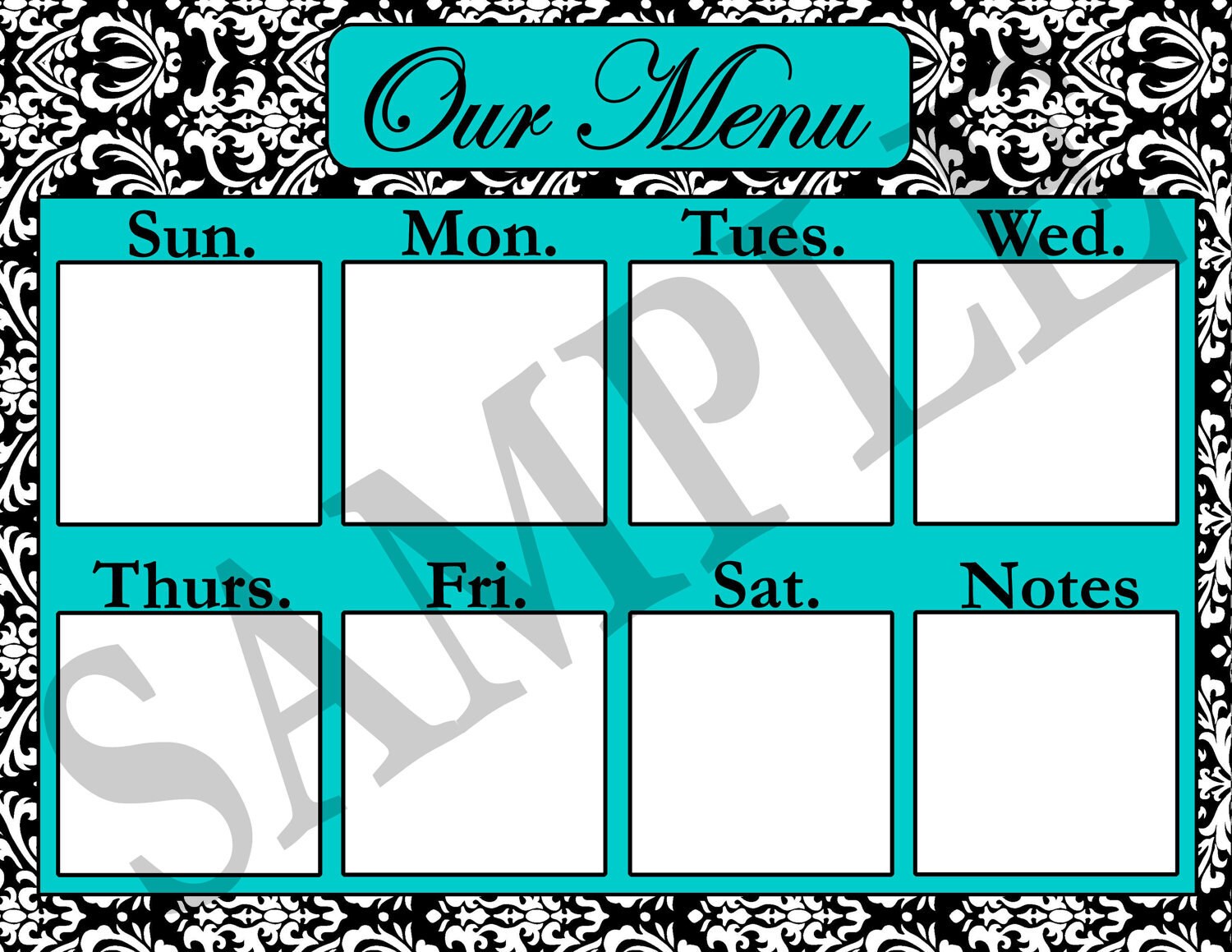 WEEKLY MENU Damask digital download printable. Your choice of