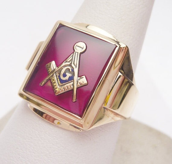 10kt Masonic Red Synthetic Stone Mens Ring