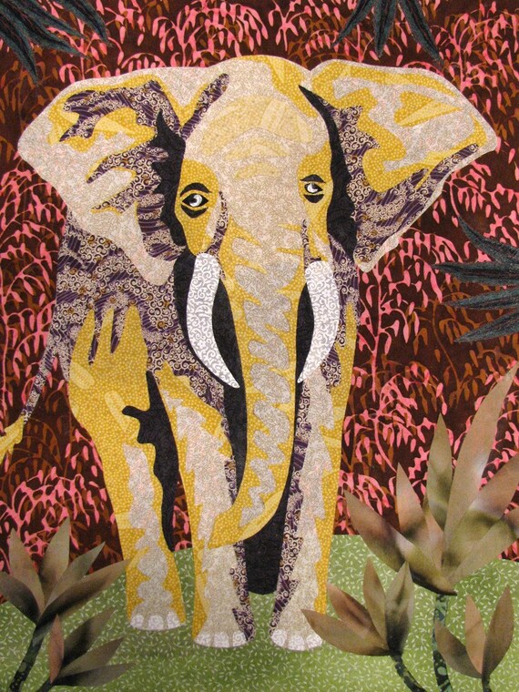 Items similar to African Elephant - fabric collage wall art - READY TO ...