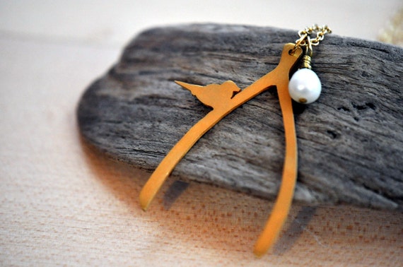Gold Wishbone Neklace Bird Freshwater Pearl by galejade on Etsy