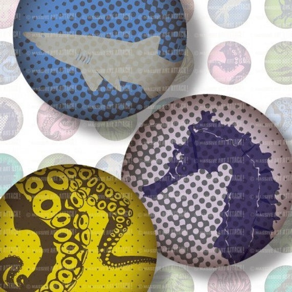 Pop Art Sea Creatures . Digital Collage Sheet . 1 inch circles