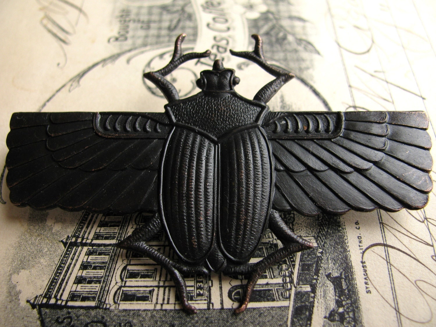 Egyptian scarab beetle with wings dark antiqued brass 70mm