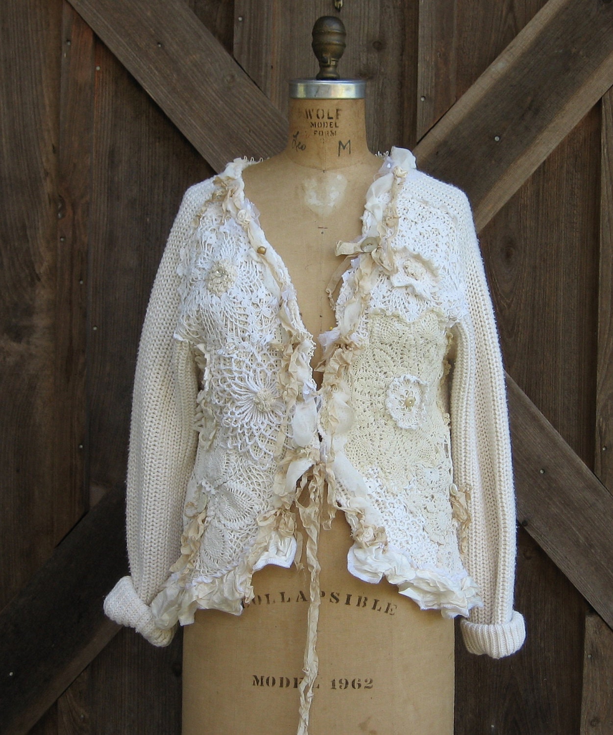 recycled reconstructed upcycled cardigan sweater in cream ooak