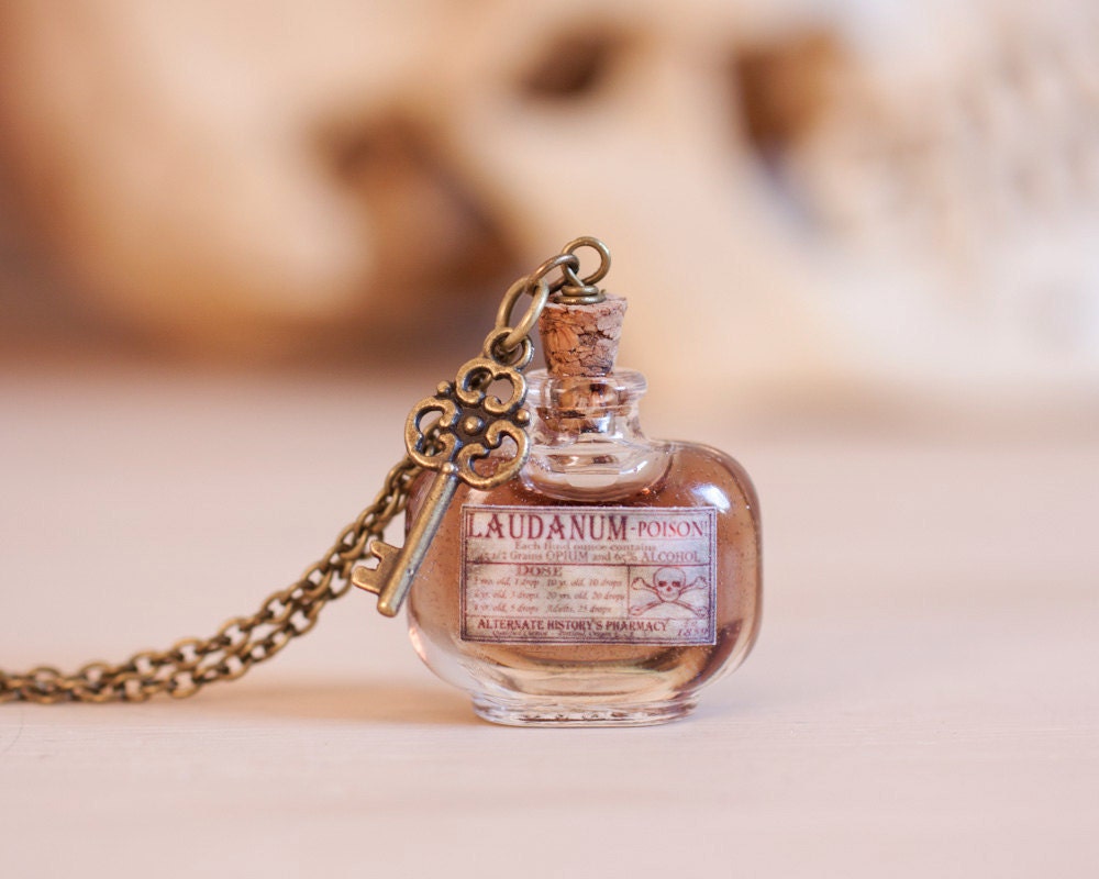 Laudanum / Poison Bottle Necklace with Skeleton Key Small