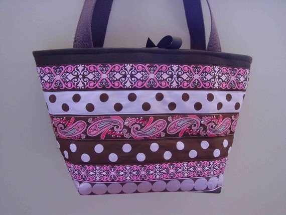 Items similar to PINK BROWN JACQUARD/GROSGRAIN RIBBON TOTE BAG PURSE on ...