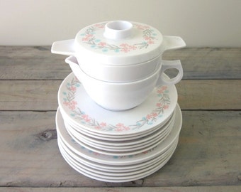 Melmac Dish Set in White with Pink and Blue Floral Pattern - 17 Piece Set