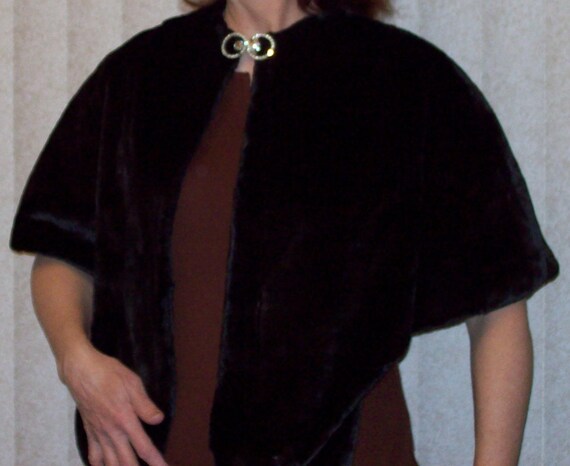 Vintage Black Faux Fur Stole with Rhinestone Clasp Prom