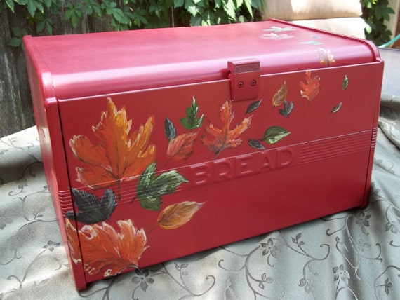 Red Bread Box with Fall leaves hand painted blowing in the