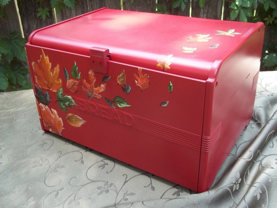 Red Bread Box with Fall leaves hand painted blowing in the