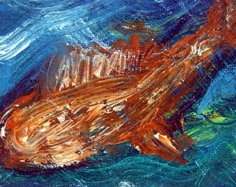 small abstract acrylic painting - bright orange fish artwork - modern ...