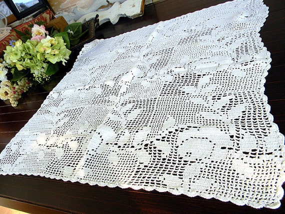 Filet Crochet Tablecloth Vintage White Crocheted Table Cloth