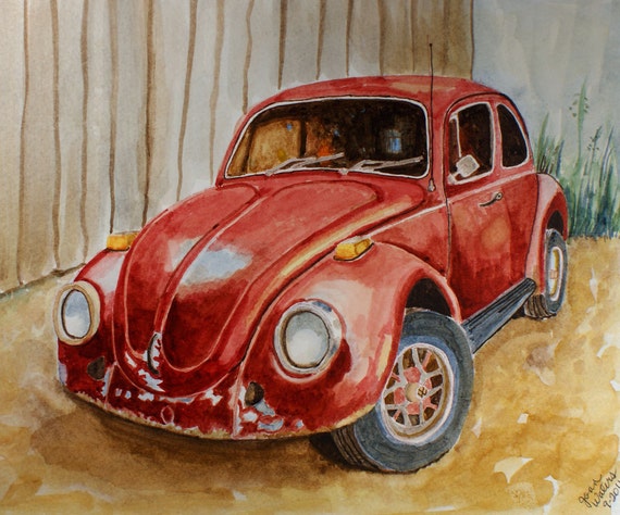 Items similar to Original Watercolor Painting of Red Vintage VW Bug on Etsy