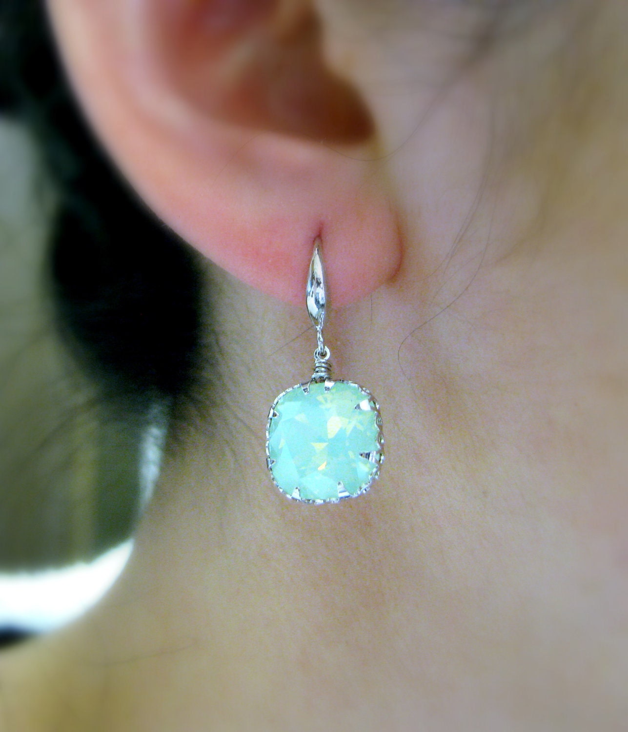 STERLING SILVER square pacific blue opal swarovski foiled back